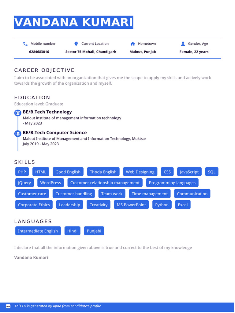 Vandana Kumari - Resume - Apna | PDF