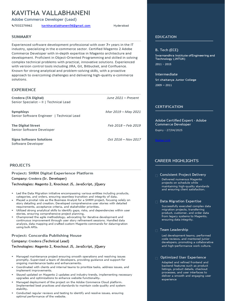 Kavitha Adobe Commerce Resume | PDF | Magento | J Query