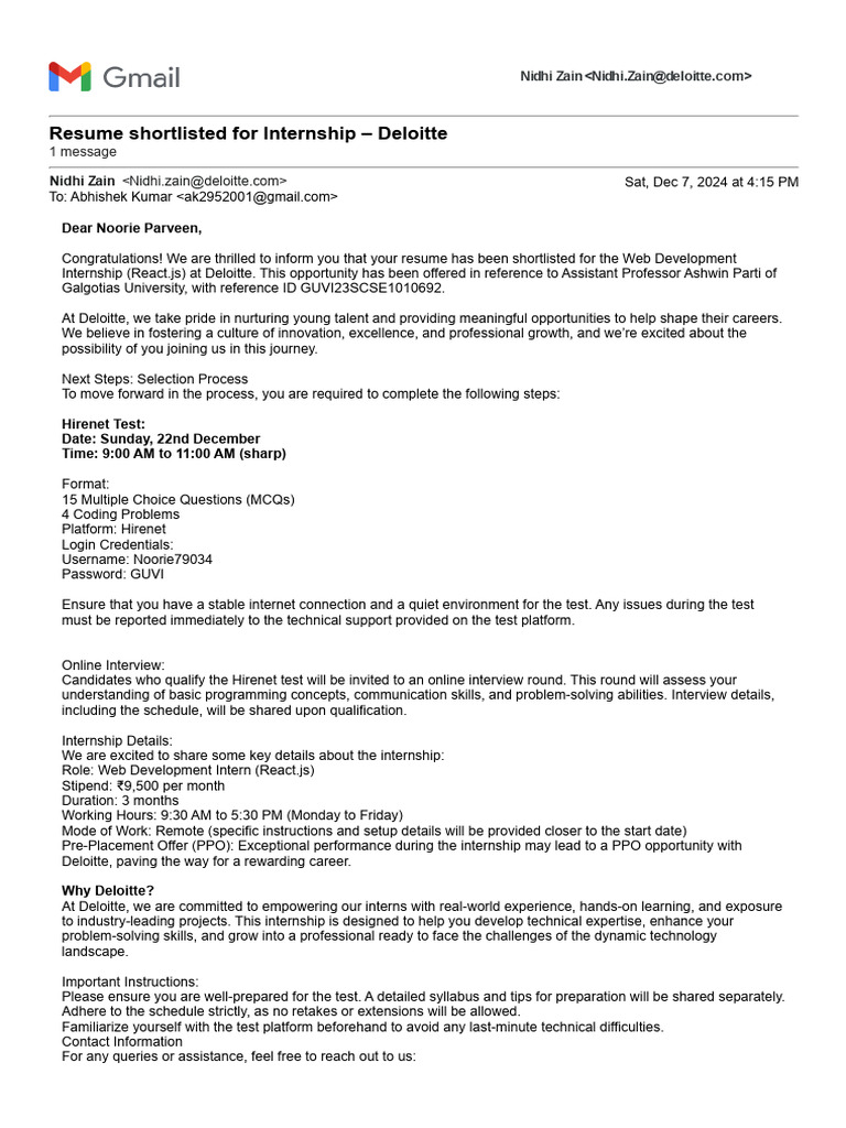 Gmail - Resume Shortlisted for Internship – Deloitte | PDF