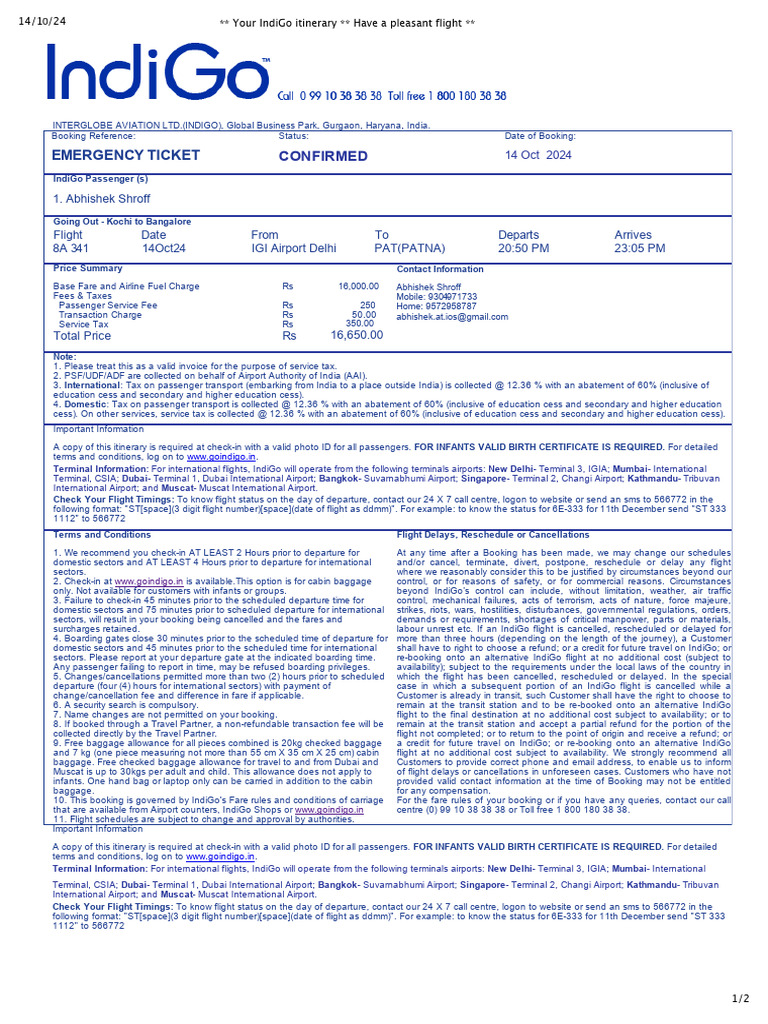 IndiGo Flight Itinerary and Details | PDF | International Airport | Airport