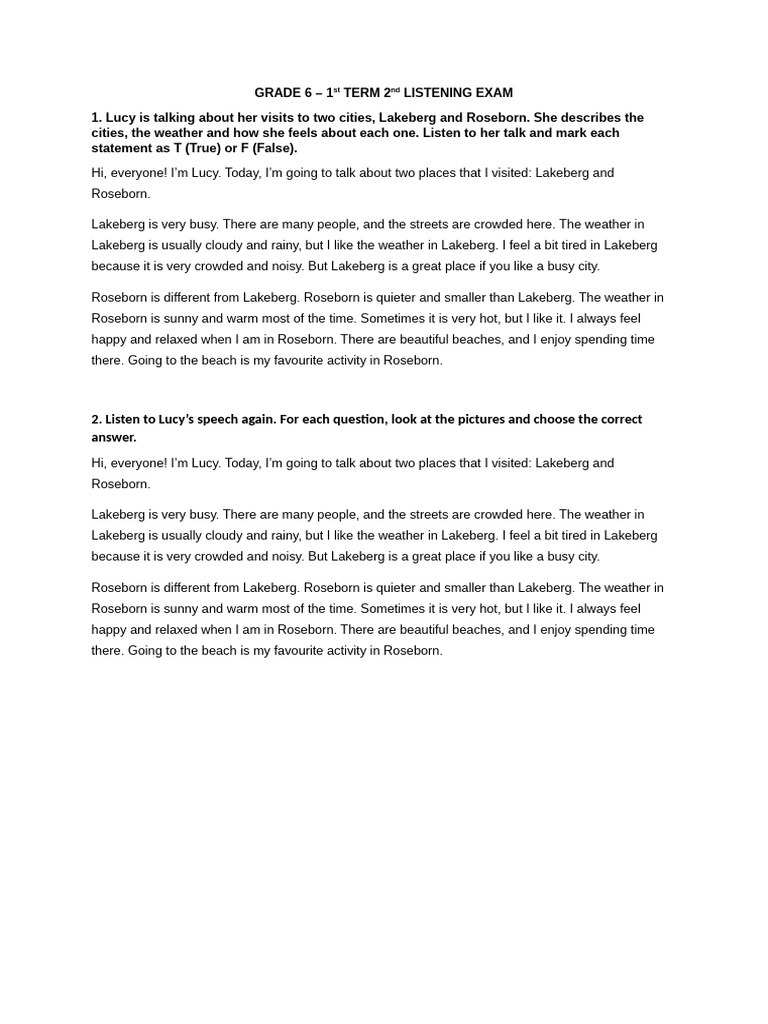 Grade 6 Listening Exam 2 Tapescript | PDF