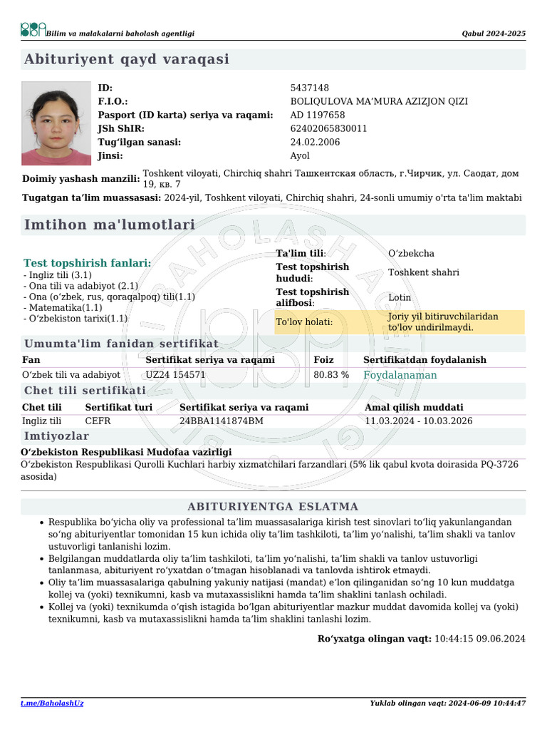 Boliqulova Ma'Mura Azizjon Qizi Qayd Varaqa PDF | PDF