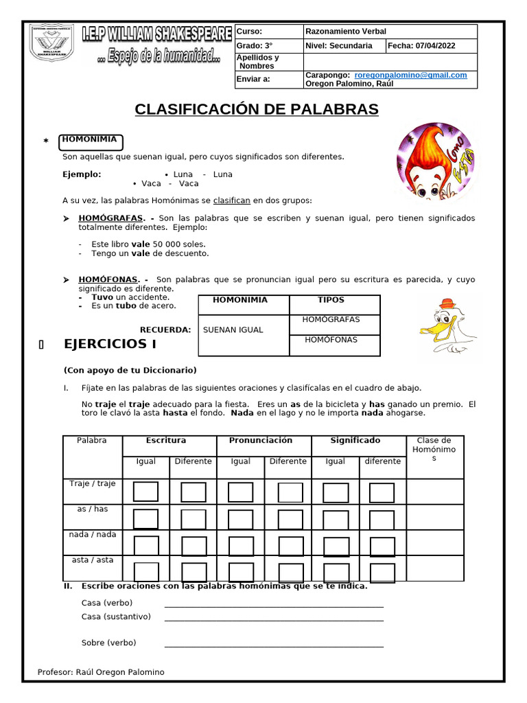 Clasificación de Palabras - Homófonas y Homógrafas 3.º Razonamiento ...