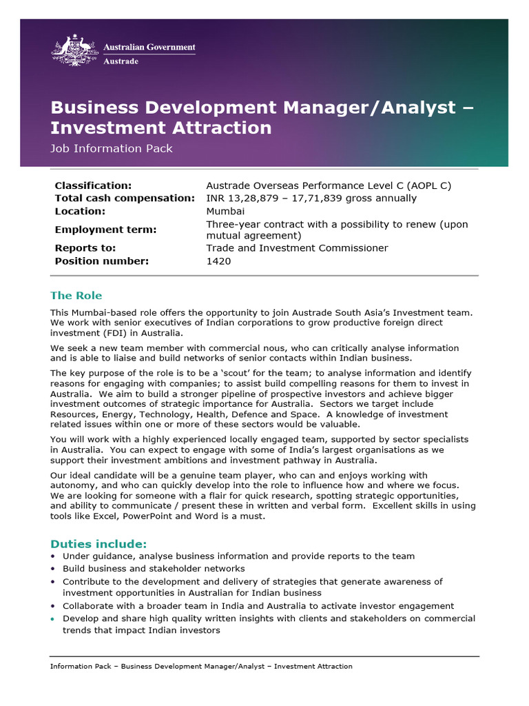 Job Information Pack - BDM Investment Attraction OEE | PDF | Recruitment | Investing