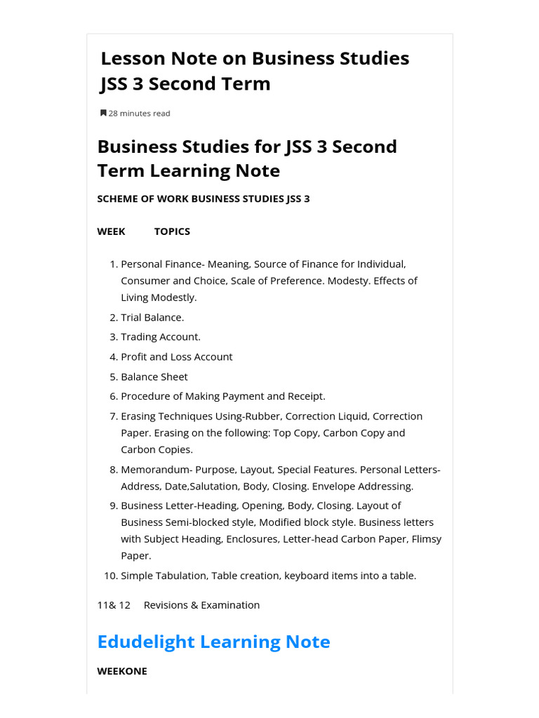 Lesson Note on Business Studies JSS 3 Second Term - Edudelight.c | PDF ...