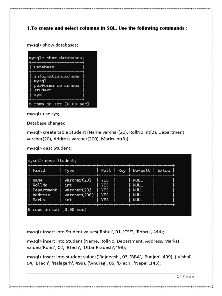 To Create and Select Tables in SQL3 | PDF