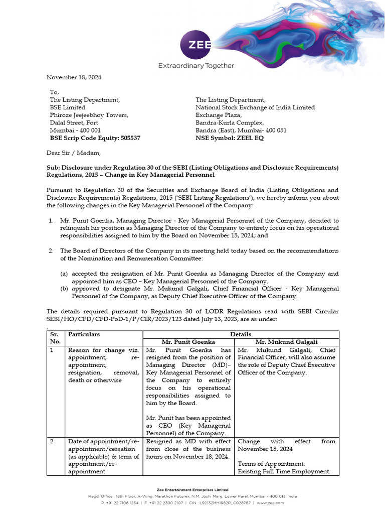 BSE Scrip Code Equity: 505537 Nse Symbol: Zeel Eq | PDF | Business | Economies