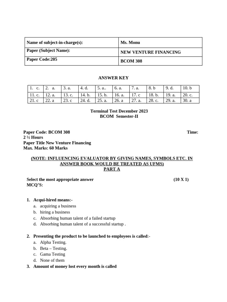 New Venture Financing Answer Key BCOM 308 | PDF | Equity (Finance ...