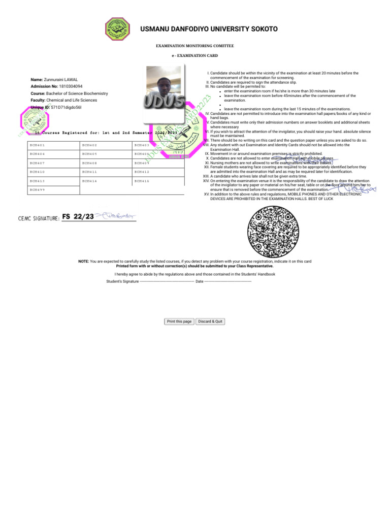 Student Examination Card - UDUS | PDF