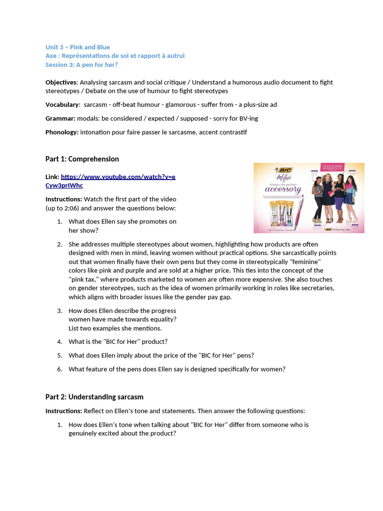 Unit 3 - Pink and Blue - Session 3 - Worksheet | PDF | Irony | Satire