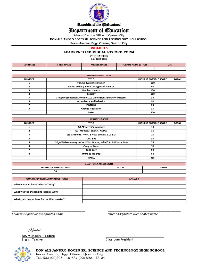 English 9 Learner's Record Form | PDF | Learning | Behavior Modification