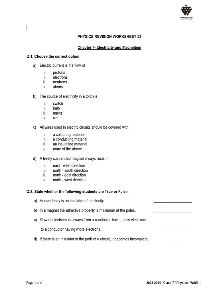 Class 7 Physics: Electricity & Magnetism Worksheet | PDF | Electricity ...