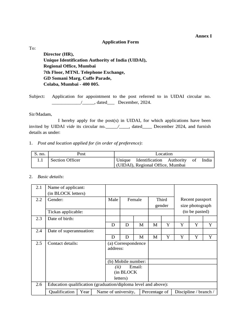 UIDAI Section Officer Application Form | PDF