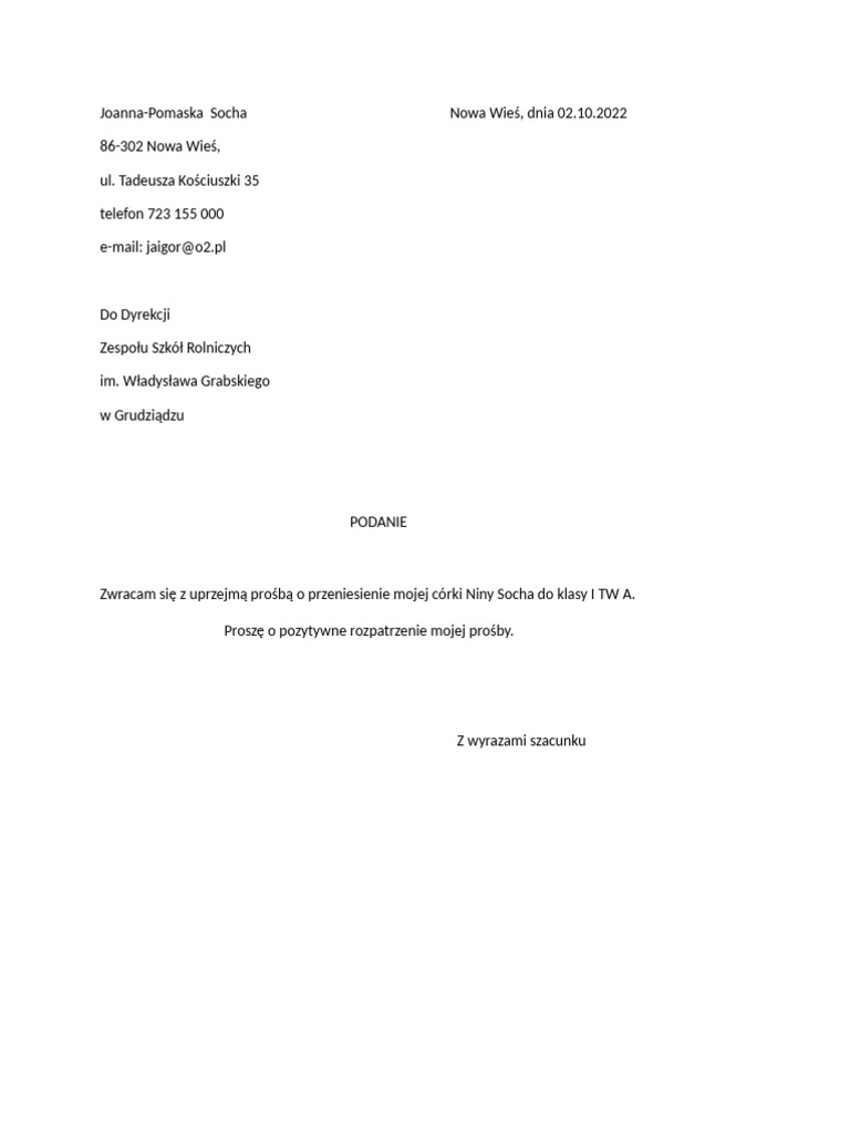 Podanie o Zmianę Klasy | PDF