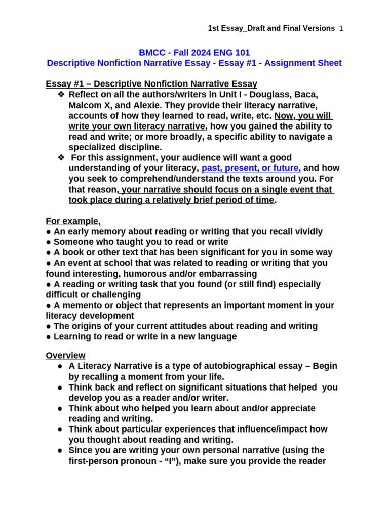 Descriptive Nonfiction Narrative Essay - Essay #1 | PDF | Essays ...