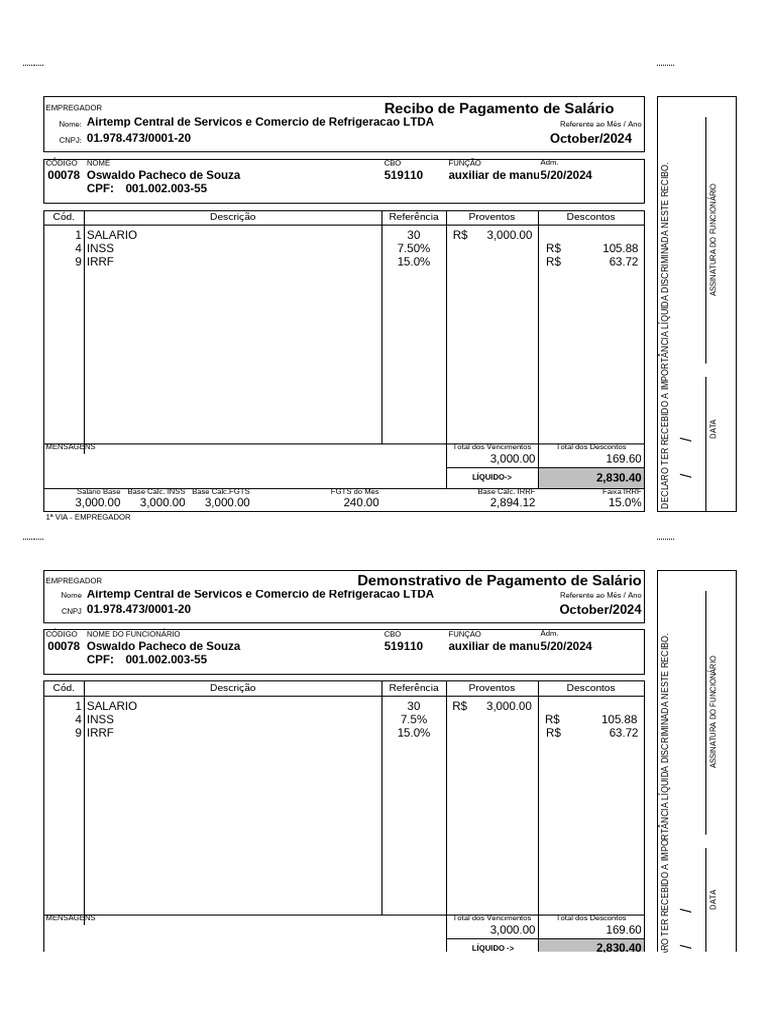 Holerite Editavel Atualizado 2024 | PDF