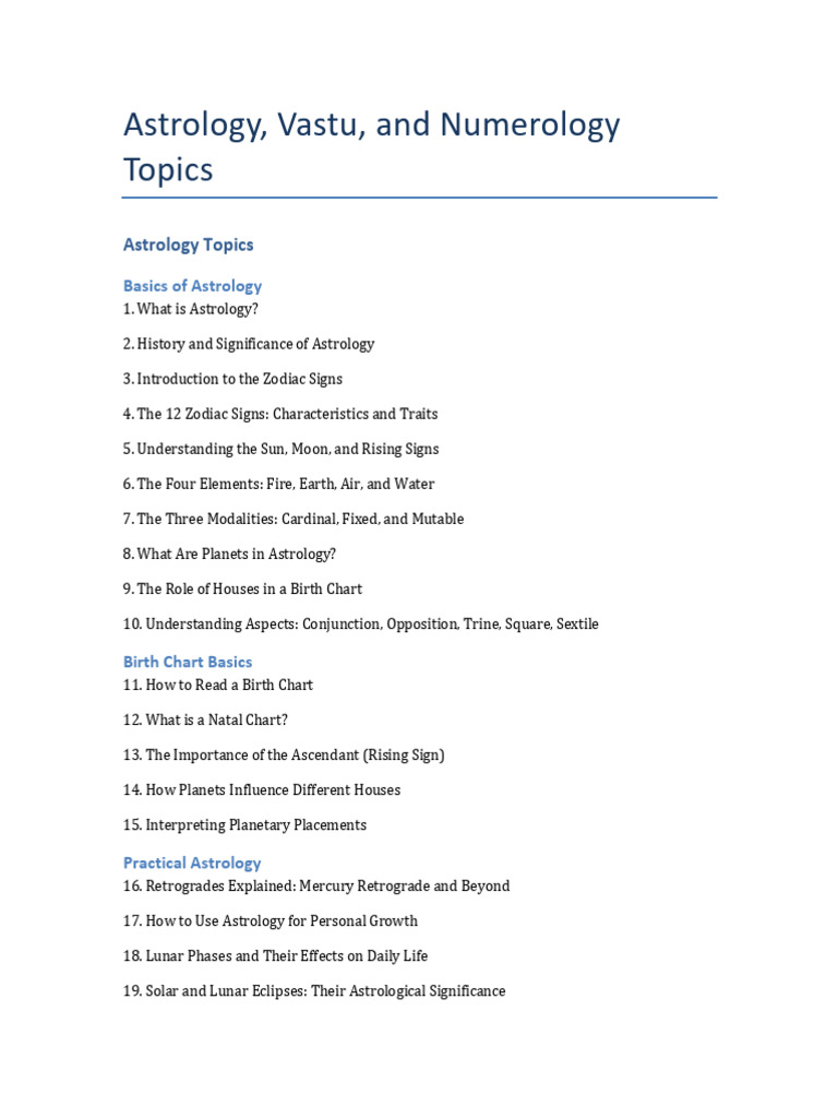 Astrology Vastu Numerology Topics | PDF | Horoscope | Astrology