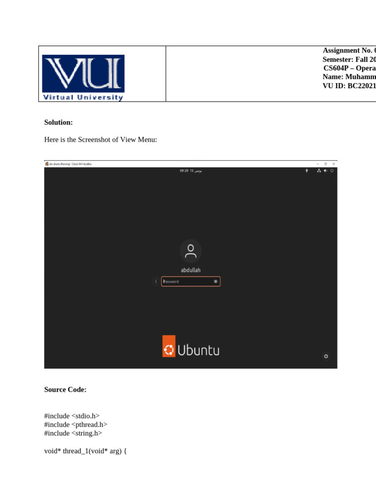 Assignment No. 01 Semester: Fall 2024 CS604P - Operating System (Practical) Name: Muhammad ...