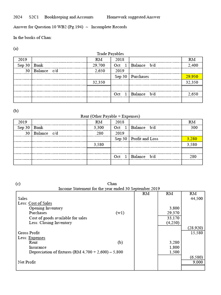 Chapter 20 Incomplete Record Q10 PG 194 WB2 | PDF | Debits And Credits ...