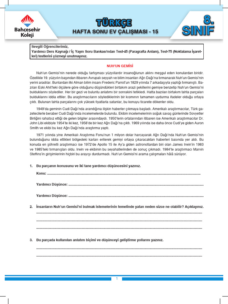 8 Sinif Turkce Hafta Sonu 15 1735218447 | PDF