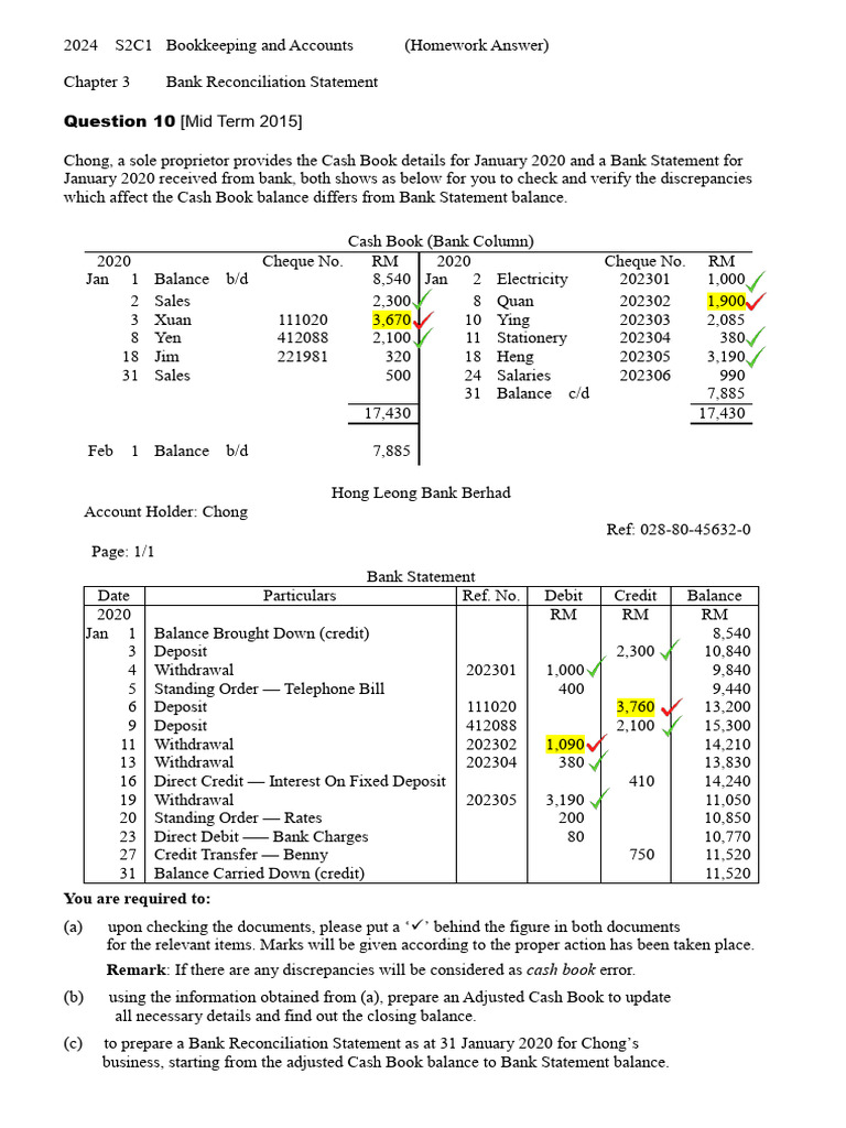 CHP 3 Bank Reconciliation Statement Q10 pg54 WB1 | PDF | Banks | Debits And Credits