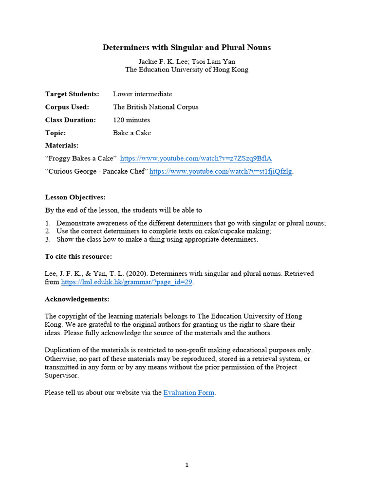 Teaching Guide on Determiners Singular Plural Noun Final | PDF ...