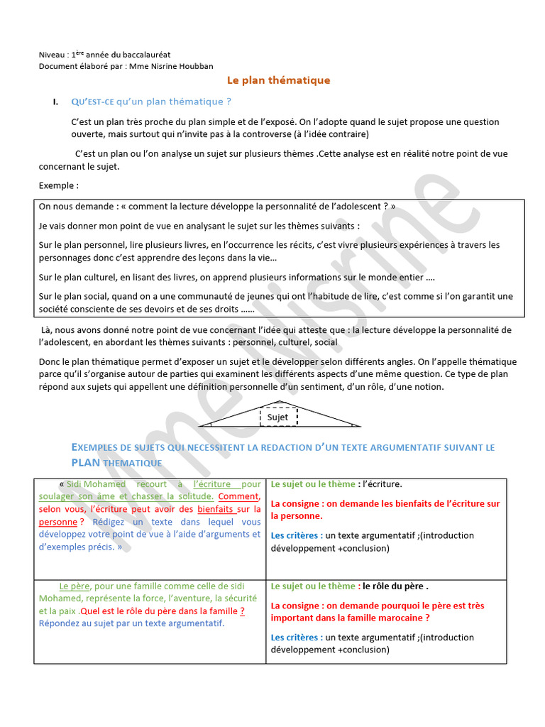 Comprendre le plan thématique en 1ère | PDF