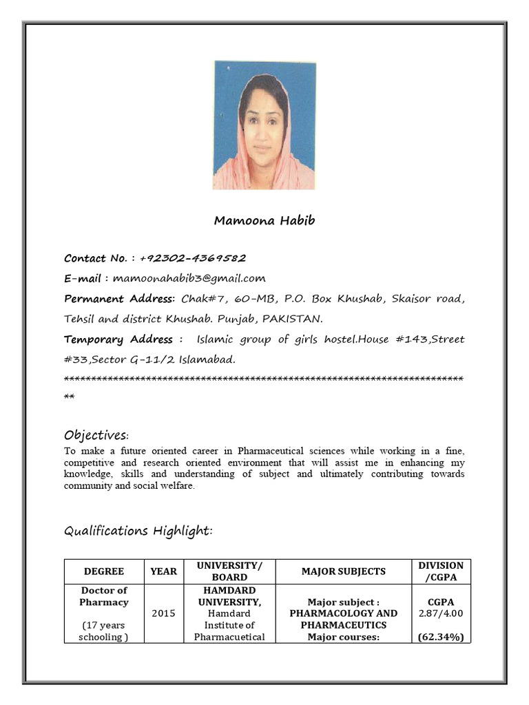 Mamoona Hassan Final Cvvv. | PDF | Pharmacy | Pharmacist