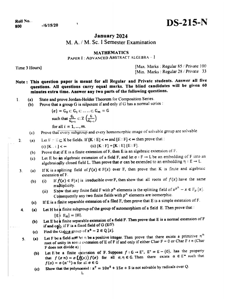 Ma MSC 1 Sem Mathematics p1 Advanced Abstract Algebra 1 Ds 215 N Jan ...
