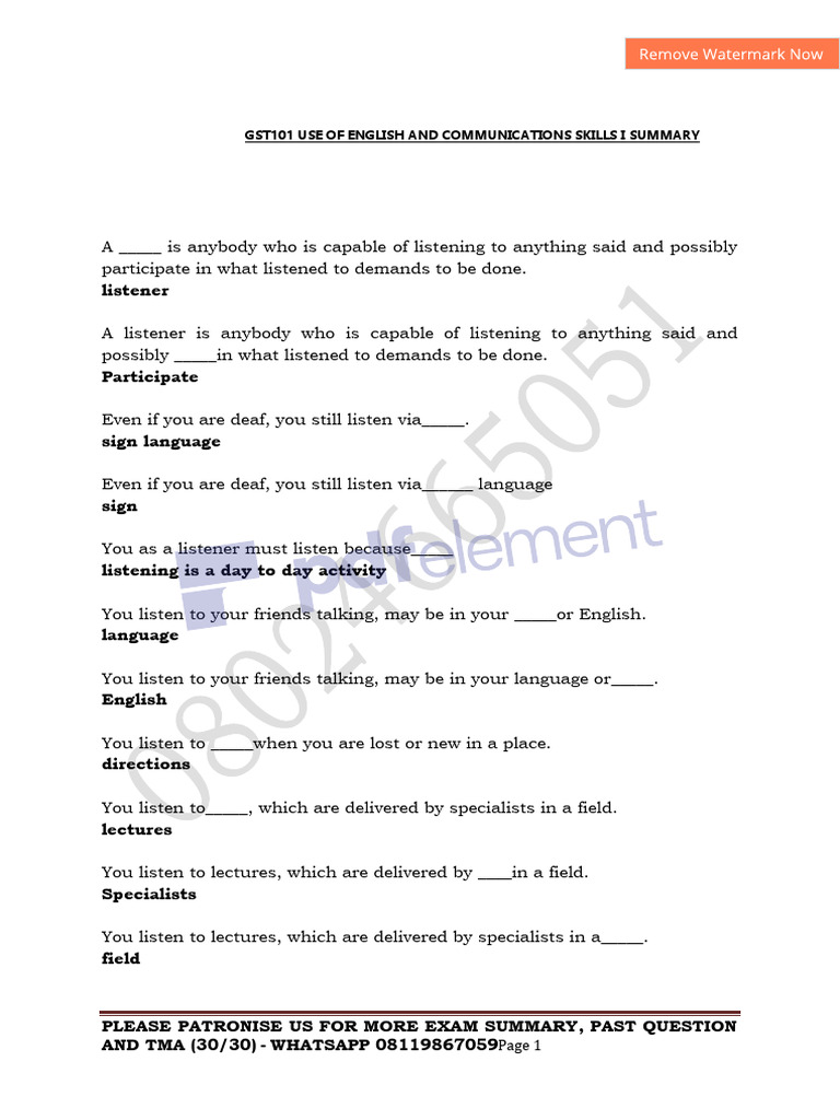 GST101 Communication Skills Summary | PDF | Reading Comprehension ...