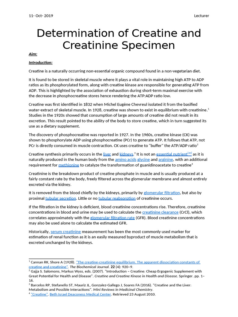 Determination of Creatine and Creatinine Specimen | PDF | Creatinine ...