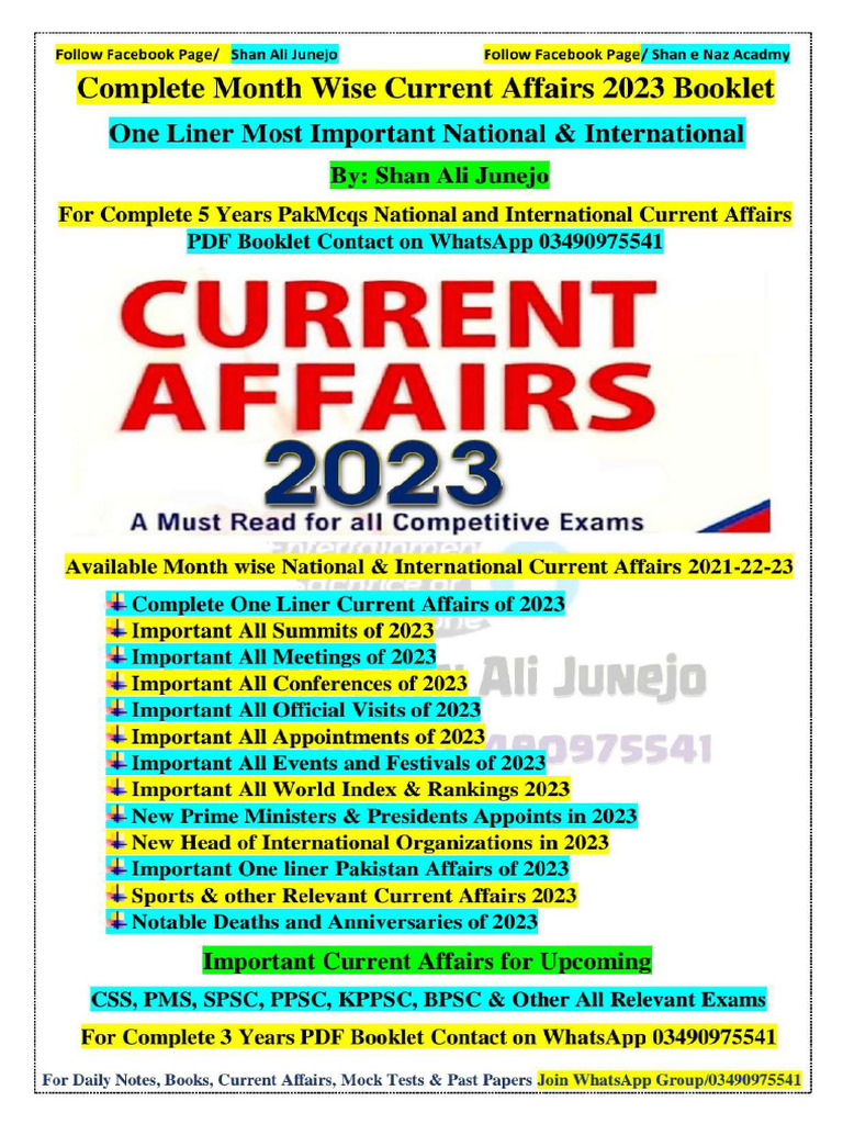 One Liner Month Wise 2023 Current Affairs by Shan Ali Junejo | PDF