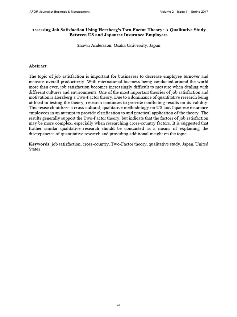 Assessing Job Satisfaction Using Herzberg's Two-Factor Theory A ...