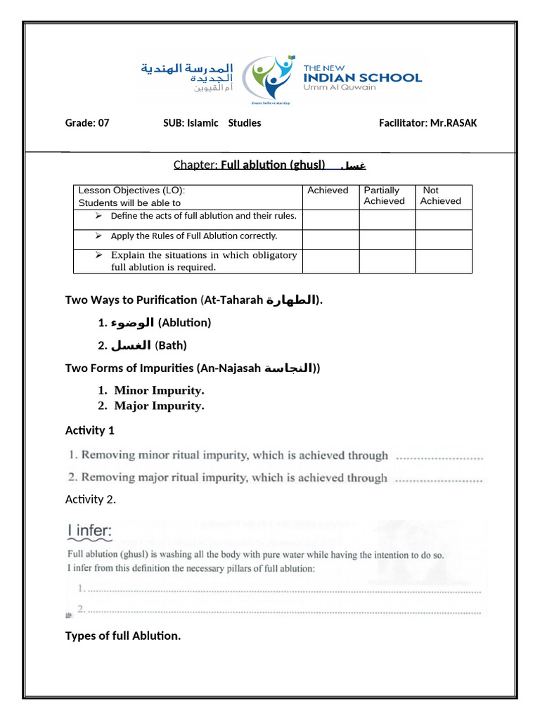 Grade 7 - Full Ablution - NOTES | PDF