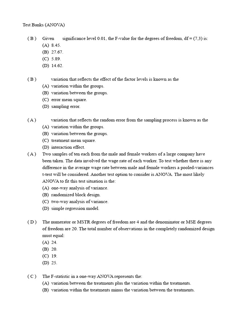 ANOVA Test Bank Questions and Answers | PDF | Analysis Of Variance ...