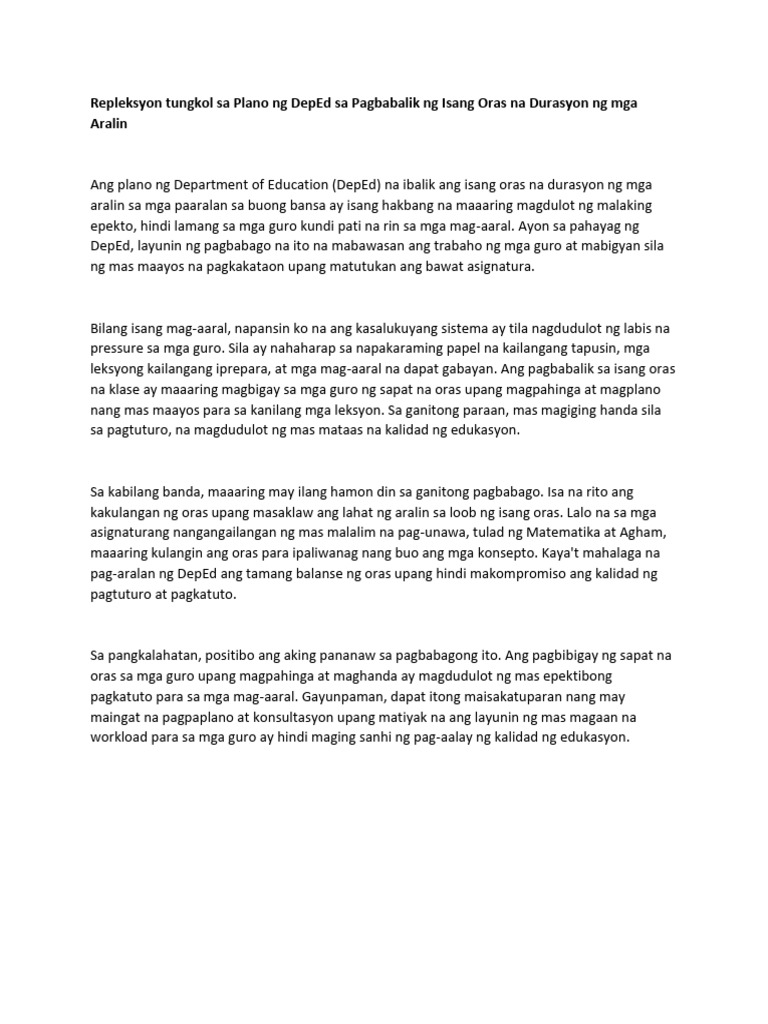 Repleksyon Tungkol Sa Plano NG DepEd Sa Pagbabalik NG Isang Oras Na ...