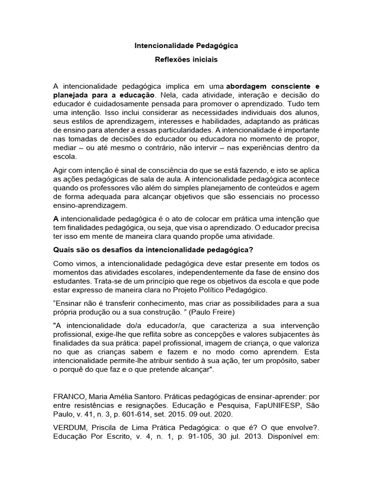 Intencionalidade Pedagógica na Educação | PDF | Pedagogia | Aprendizado