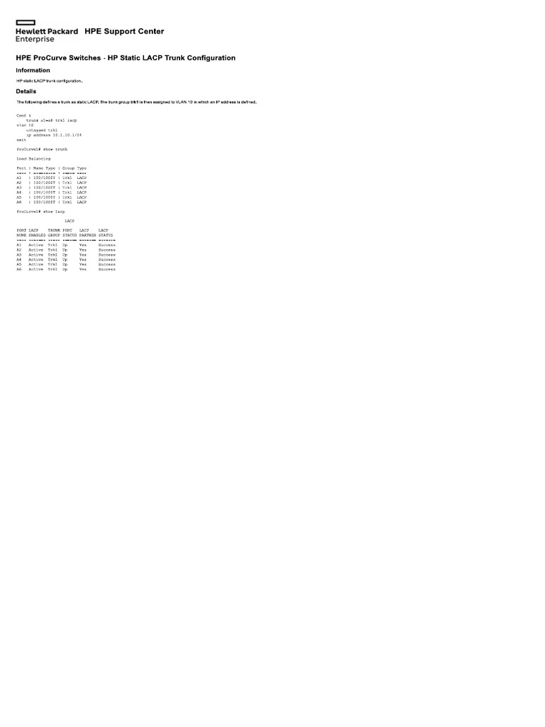 HP Static LACP Trunk Configuration | PDF