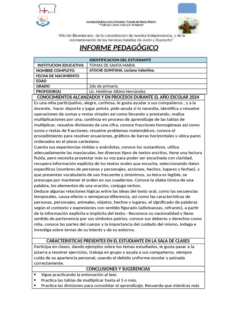Informe Pedagógico: Luciana Atoche 2024 | PDF | Aprendizaje