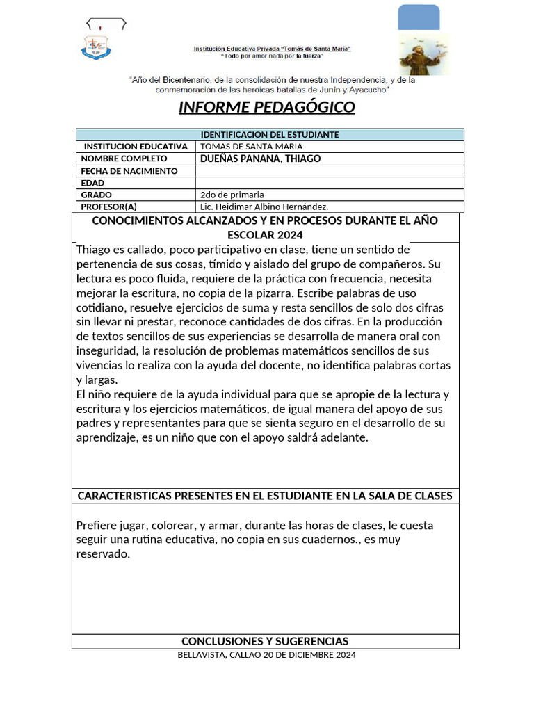 INFORME PEDAGÓGICO Thiago | PDF