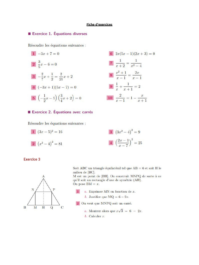 Equations Fiche | PDF