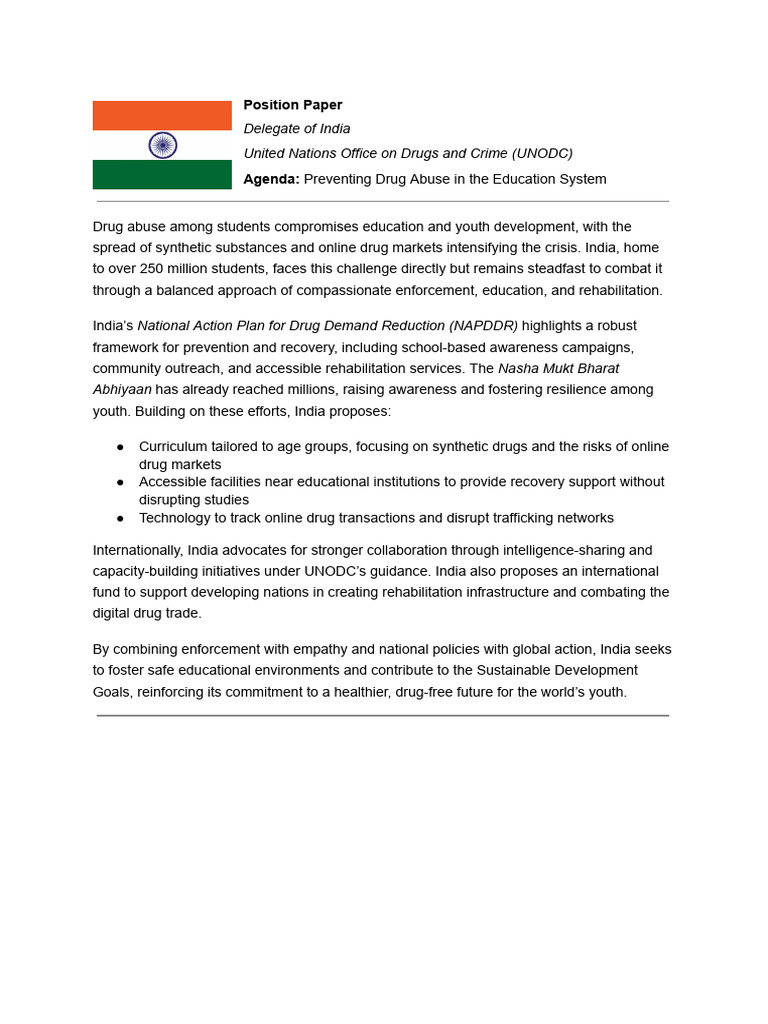 UNODC Position Paper - Delegate of India | PDF