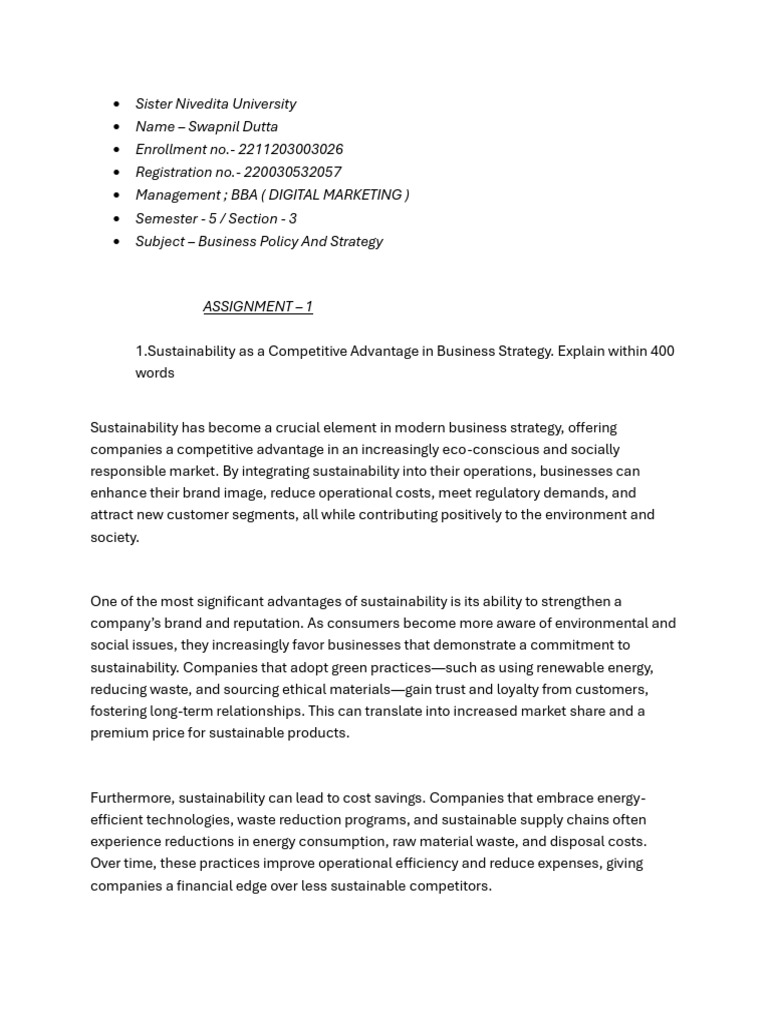 Business Policy And Strategy Assignment - 1 | PDF | Sustainability ...