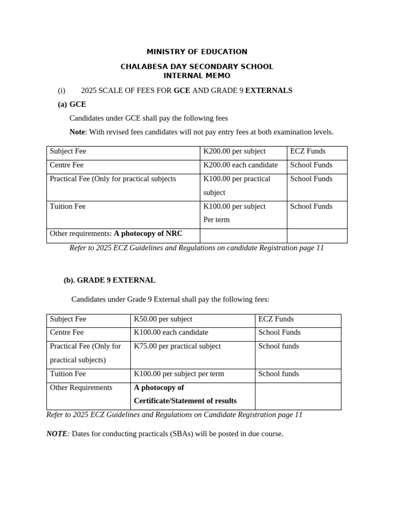 2025 Gce and External Scale of Fees | PDF