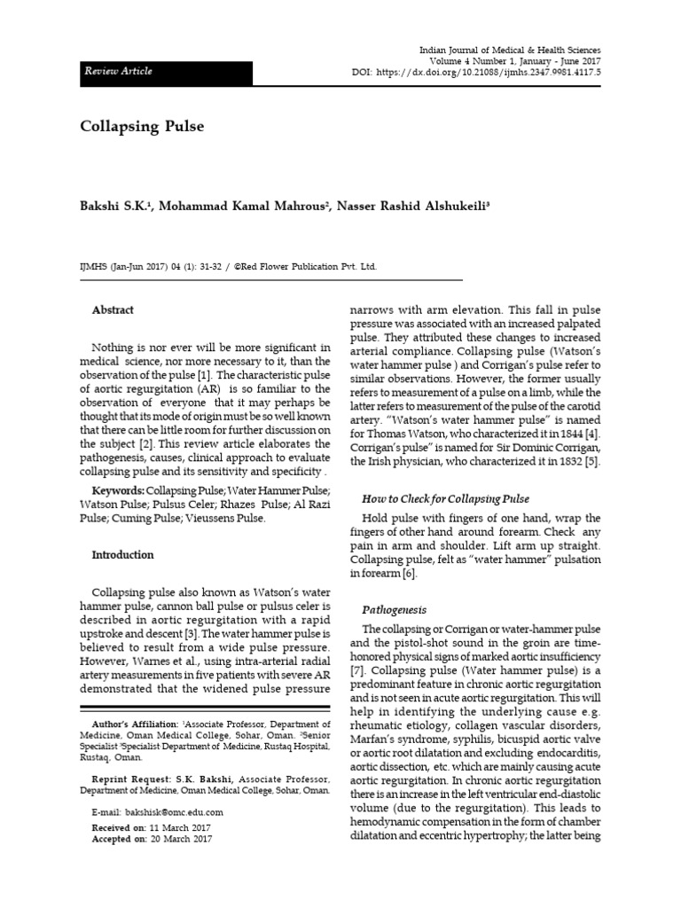Collapsing pulse | PDF | Pulse | Medical Specialties