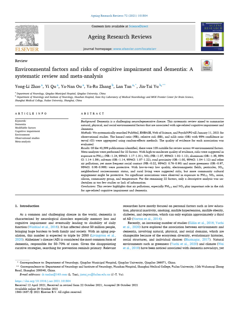 Zhao 2021 Ageing Research Review | PDF | Dementia | Air Pollution