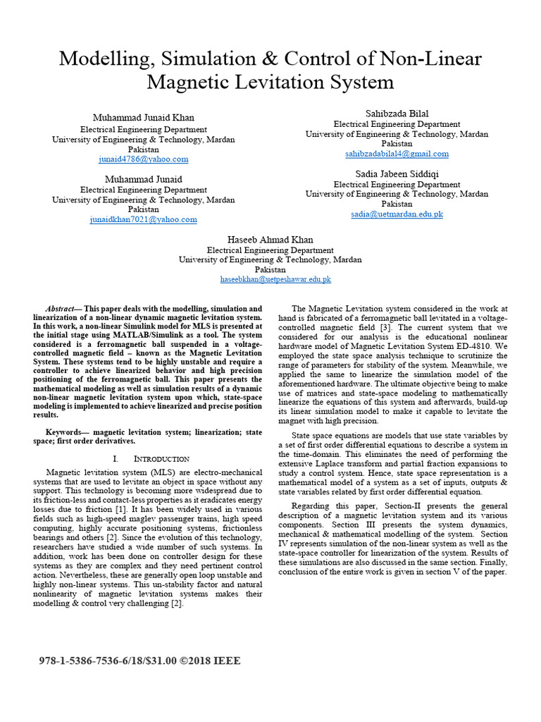Modelling Simulation Amp Control of Non-Linear Magnetic Levitation ...