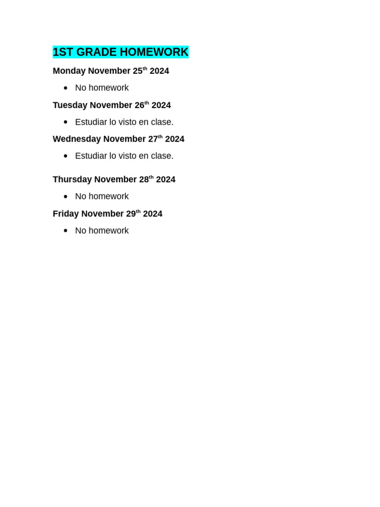 1st Grade Homework Schedule Nov 2024 | PDF