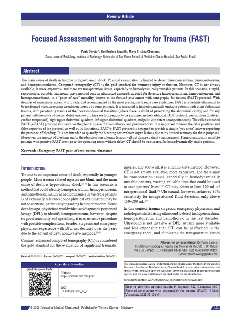 Focused Assessment With Sonography For Trauma FAST | PDF | Traumatology ...