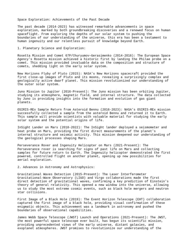 Space Exploration Achievements of The Past Decade | PDF | Space Exploration | Insight